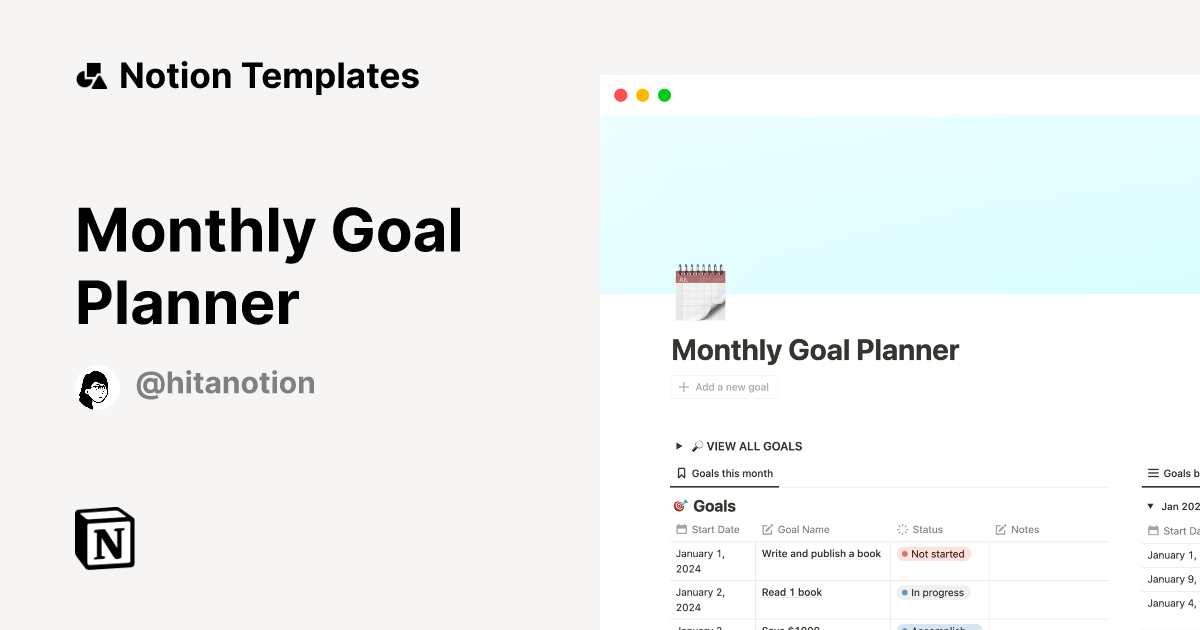 Monthly Goal Planner Template by HitaNotion | Notion Marketplace