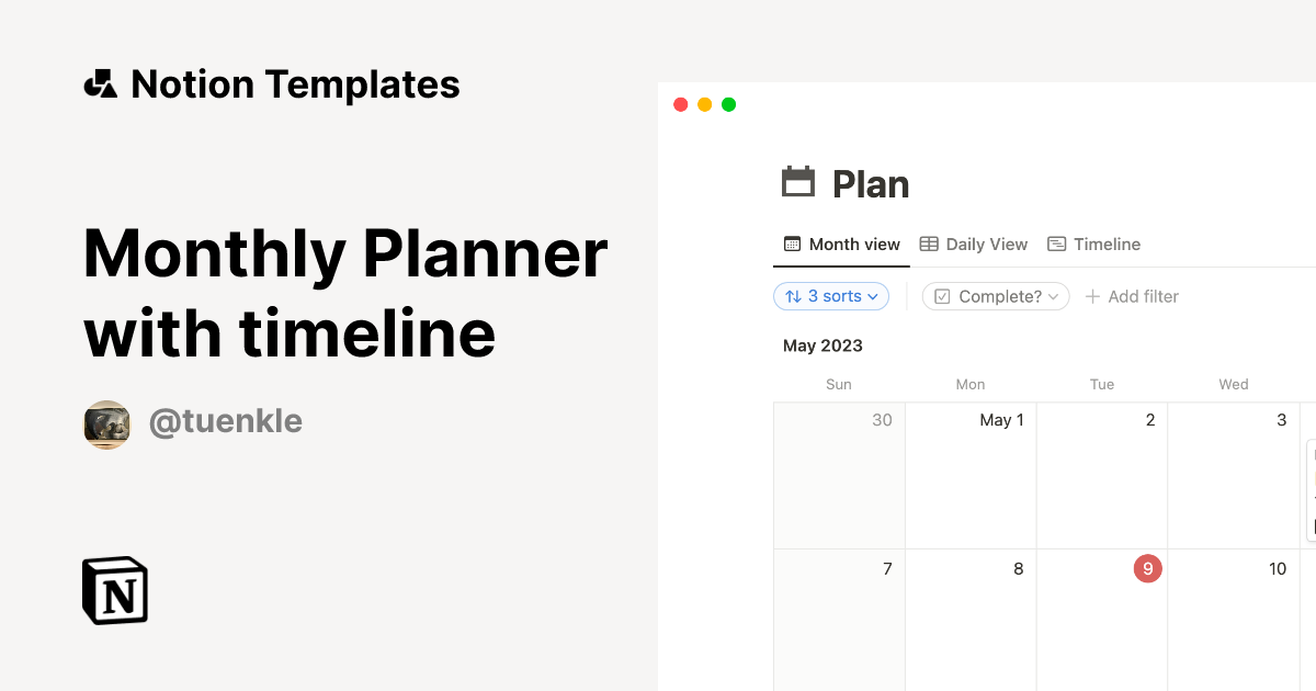 Monthly Planner with timeline Template | Notion Marketplace