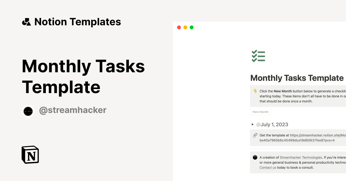 Monthly Tasks Template Template | Notion Marketplace