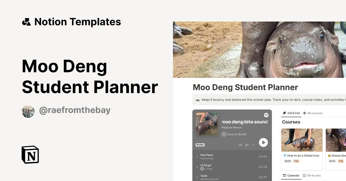 Moo Deng Student Planner Template by Rachel | Notion Marketplace