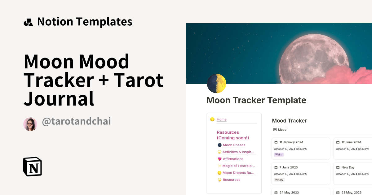 Moon Mood Tracker + Tarot Journal Template by Tarot & Chai | Notion ...