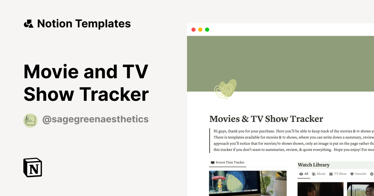 Movie and TV Show Tracker Template by Sage Green Aesthetics | Notion ...