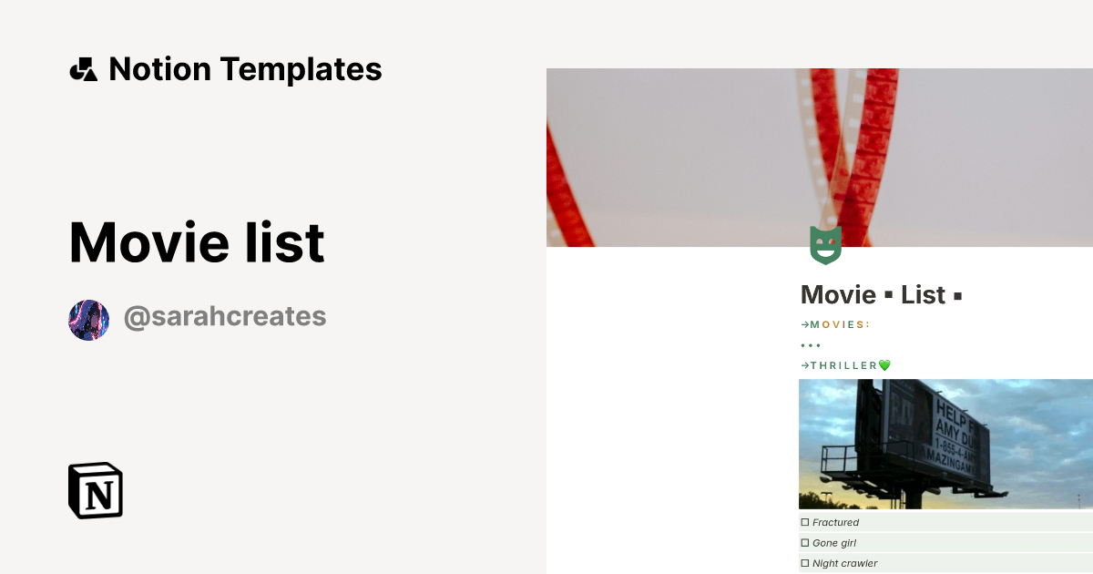 Movie list Template by Sarah Shariq Saleem | Notion Marketplace
