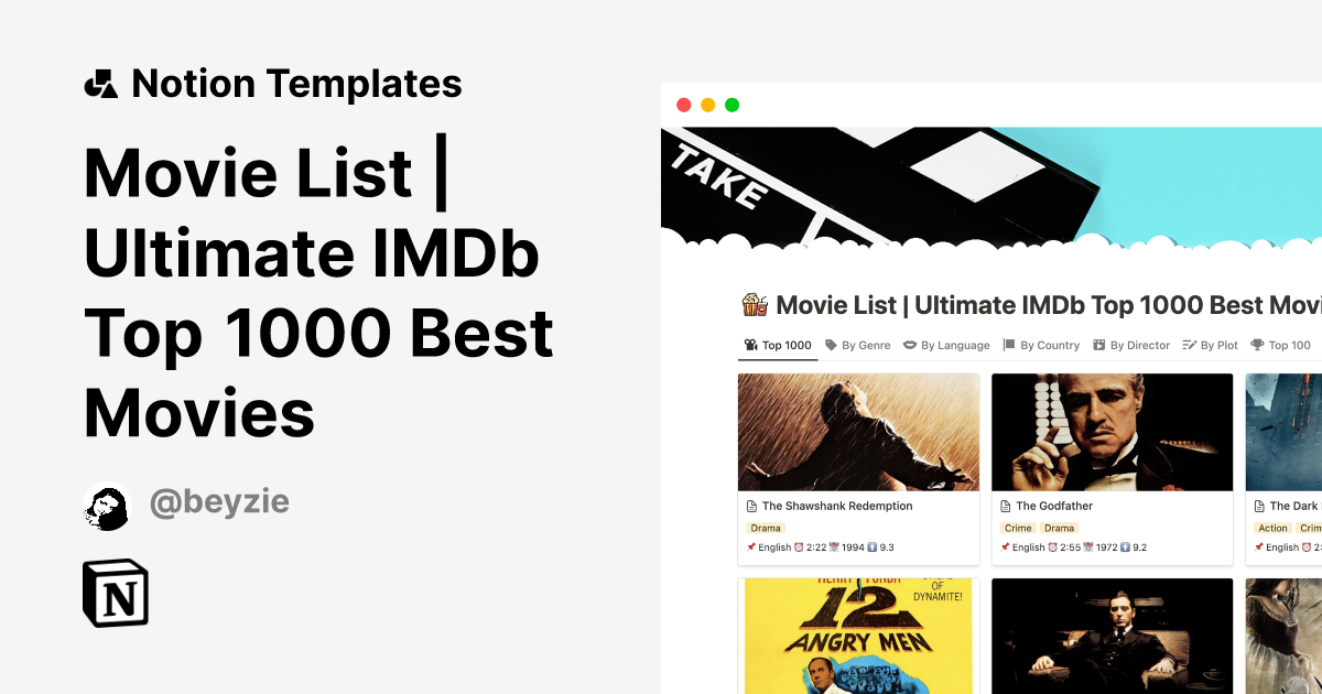Movie List | Ultimate IMDb Top 1000 Best Movies Template by Beyzie | Notion Marketplace