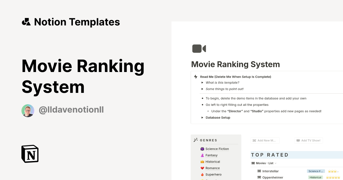 Movie Ranking System Template by Dave's Toolkit | Notion Marketplace