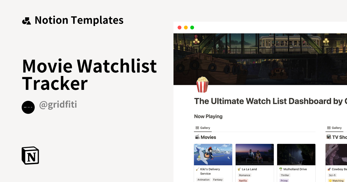 Movie Watchlist Tracker Template by Gridfiti | Notion Marketplace