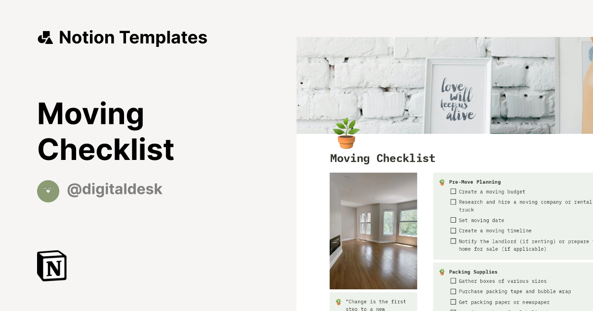 Moving Checklist Template by Digital Desk | Notion Marketplace