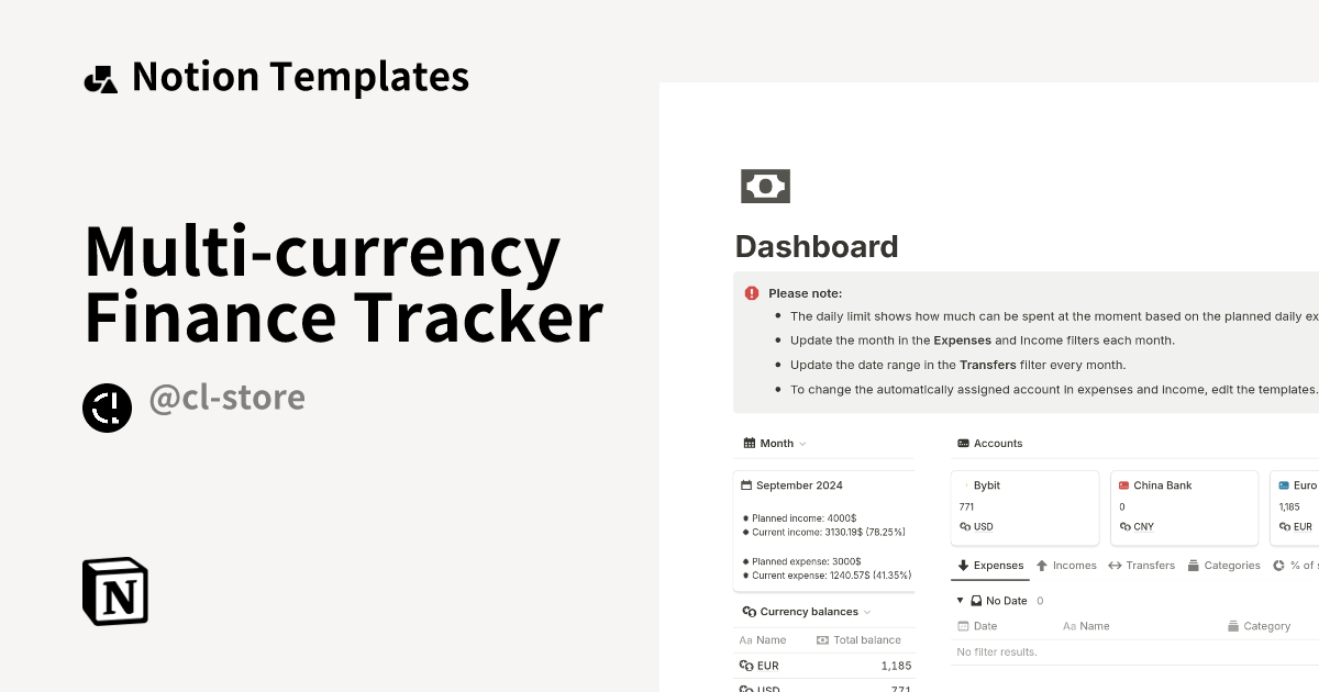 Multi-currency Finance Tracker Template by CL Store | Notion Marketplace