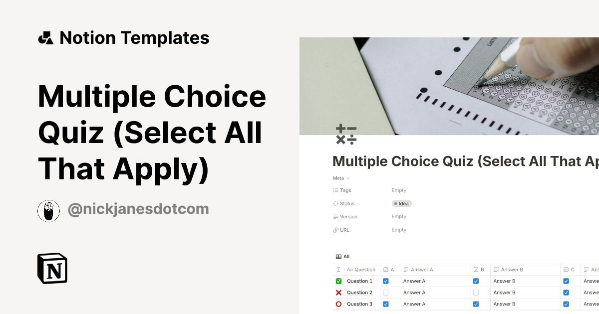 Multiple Choice Quiz (Select All That Apply) Template | Notion Marketplace