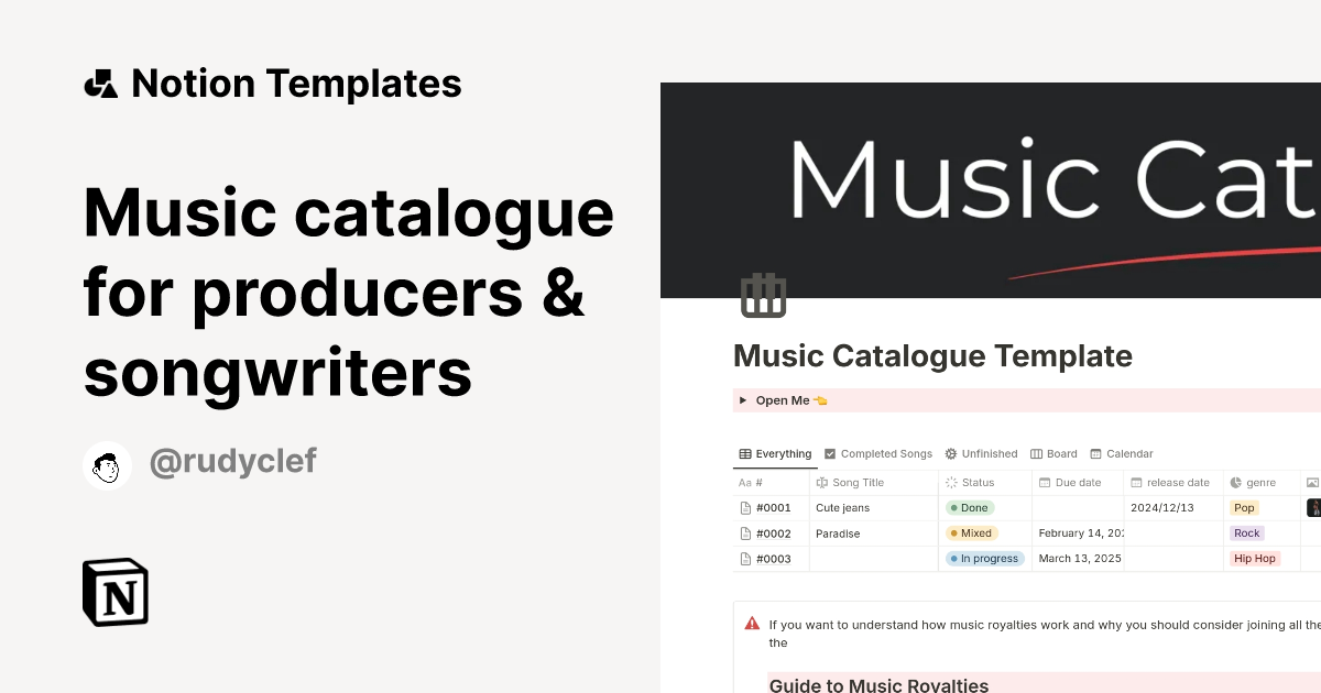 Music catalogue for producers & songwriters Template | Notion Marketplace