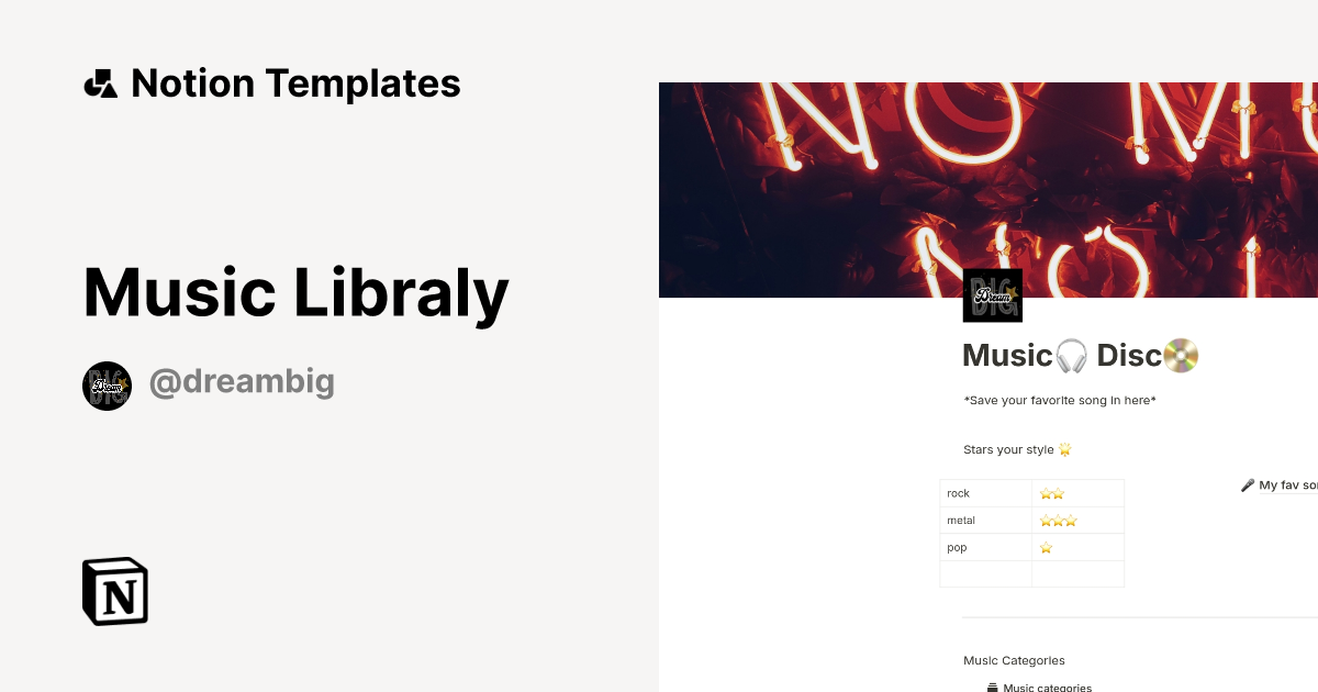 Music Libraly Template by Dream Big | Notion Marketplace