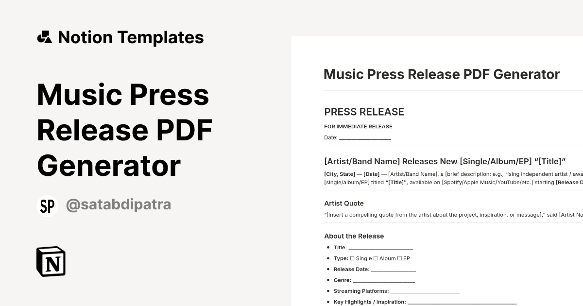 Music Press Release PDF Generator Template | Notion Marketplace