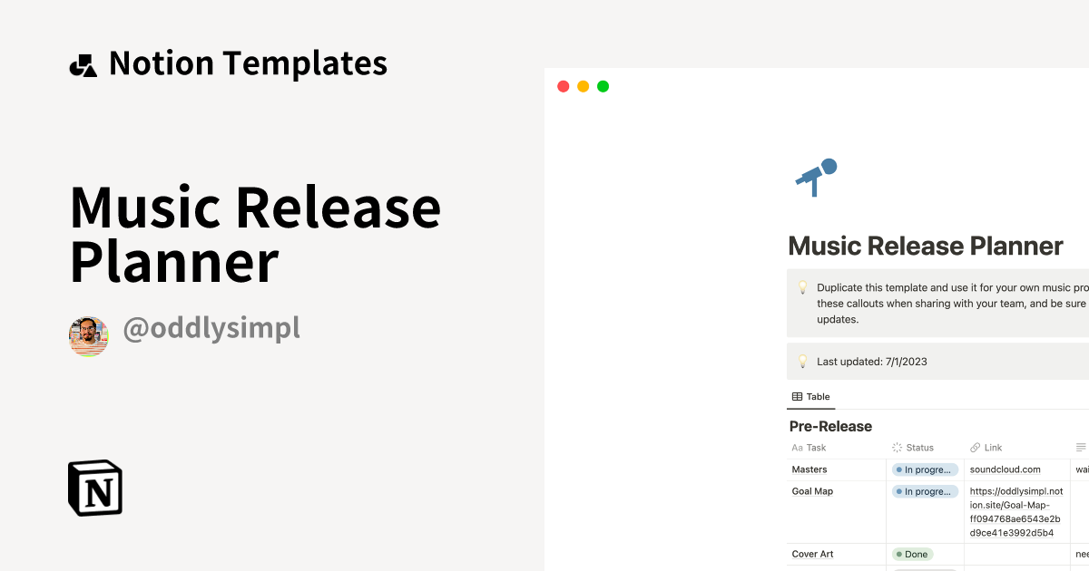 Music Release Planner Template by Anthony Pacheco | Notion Marketplace