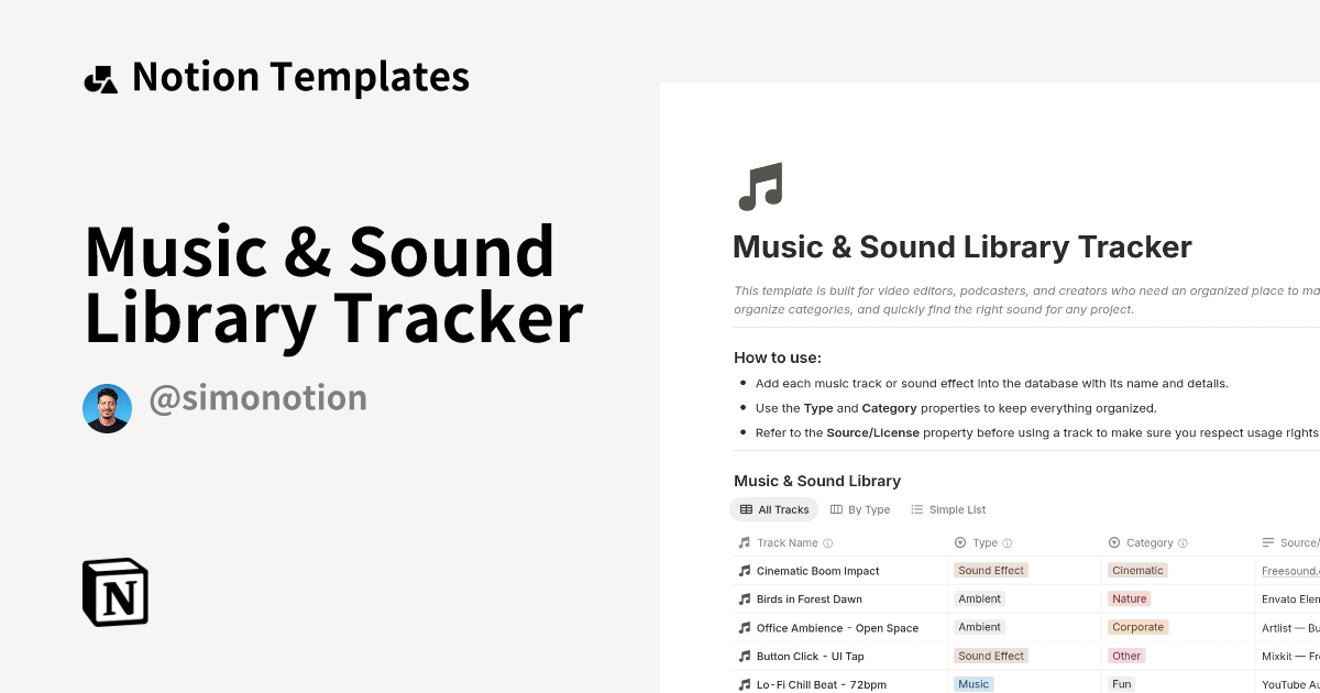 Music & Sound Library Tracker Template by Simo | Notion Marketplace
