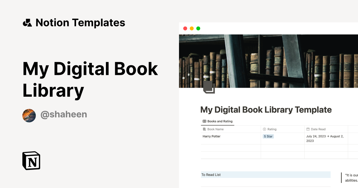 My Digital Book Library Template by Shaheen | Notion Marketplace