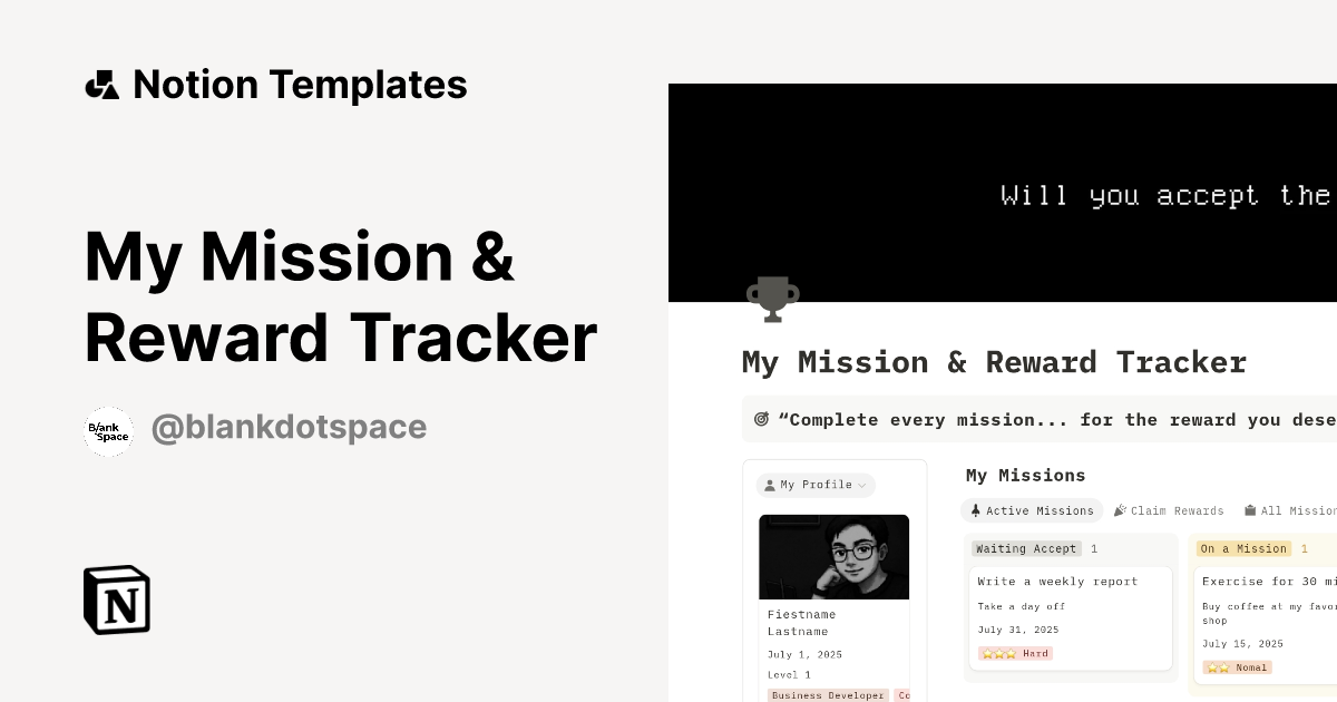 My Mission & Reward Tracker Template by Blank.Space | Notion Marketplace