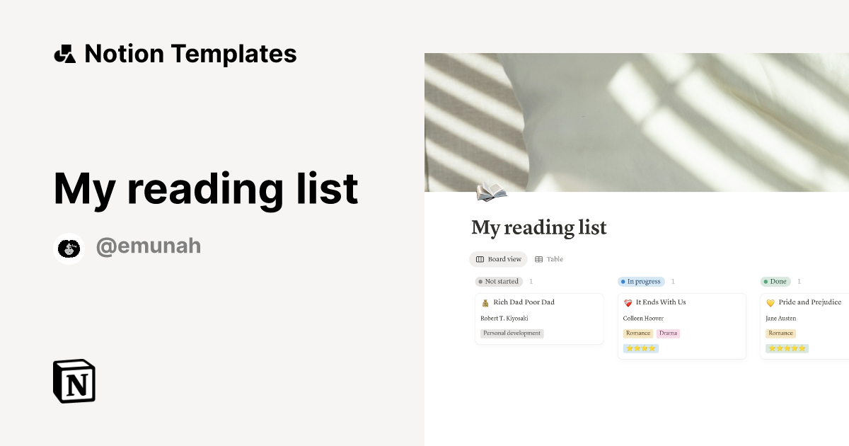 My reading list Template by Emunah | Notion Marketplace