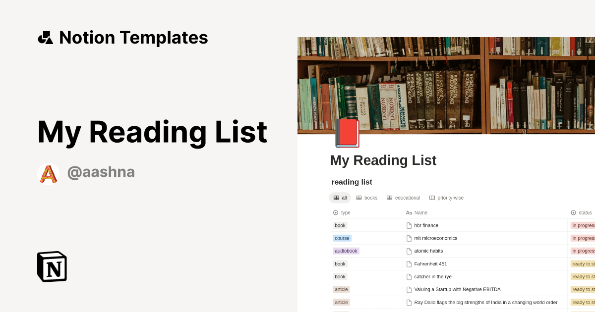 My Reading List Template | Notion Marketplace