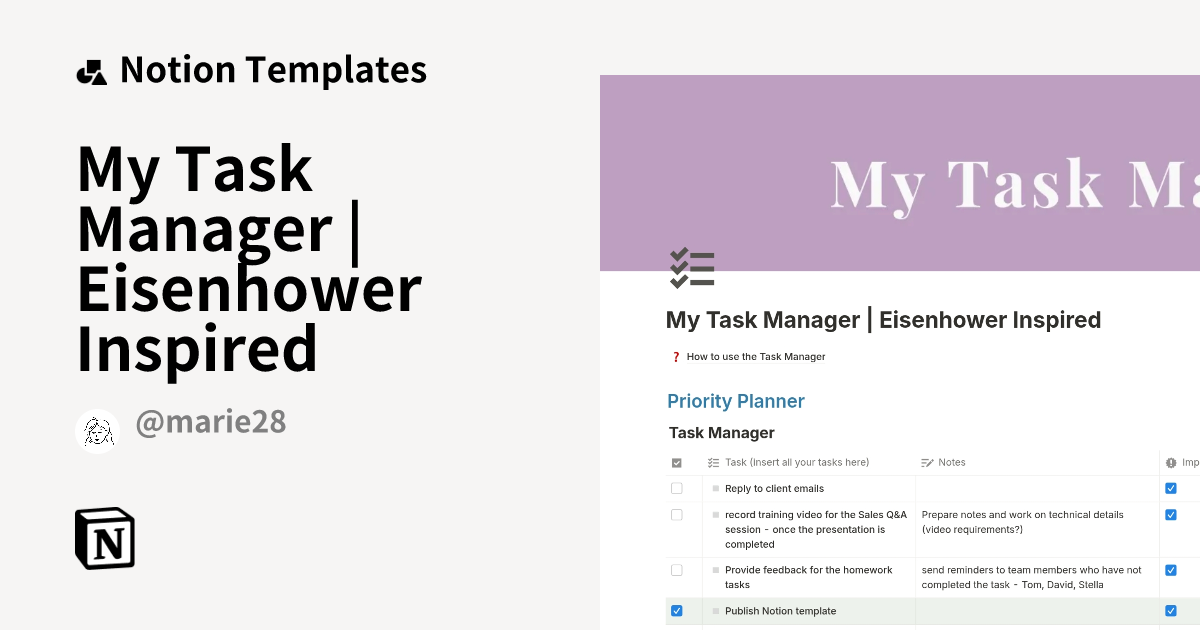 My Task Manager | Eisenhower Inspired Template | Notion Marketplace