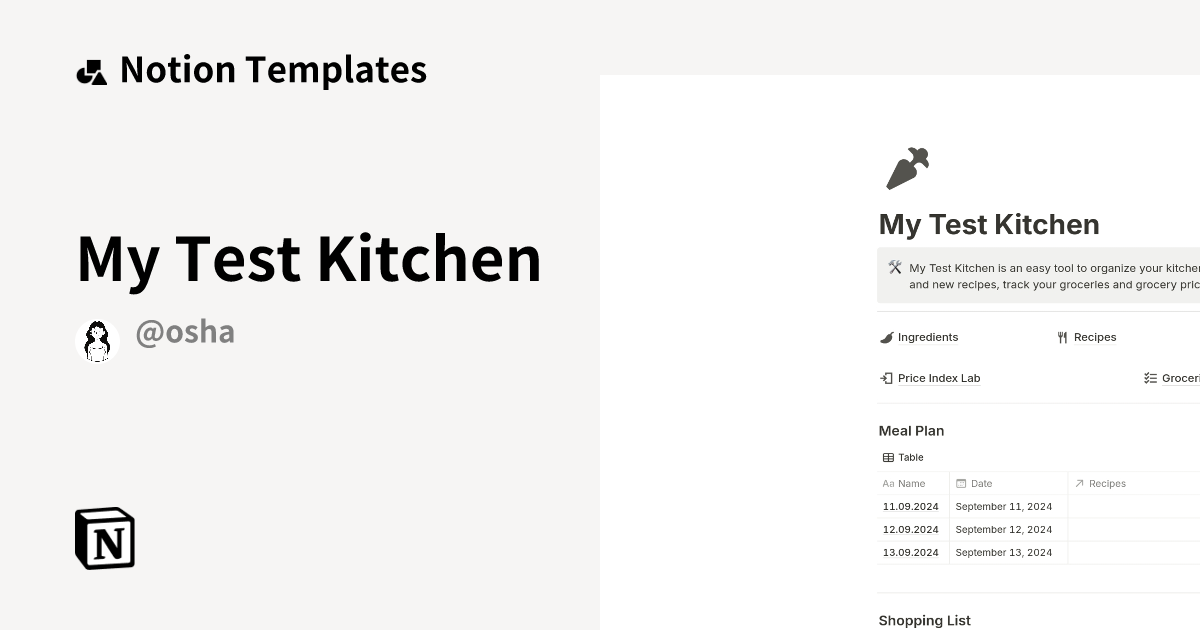 My Test Kitchen Template by Made by Osha | Notion Marketplace