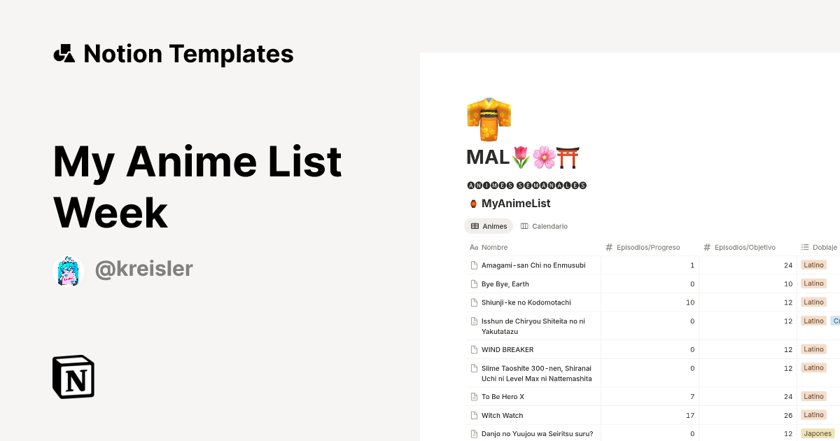 My Anime List Week Template by Kreisler | Notion Marketplace