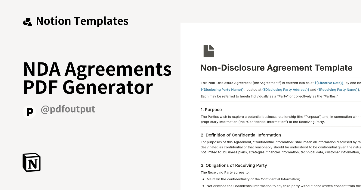 NDA Agreements PDF Generator Template by PDFOutput | Notion Marketplace
