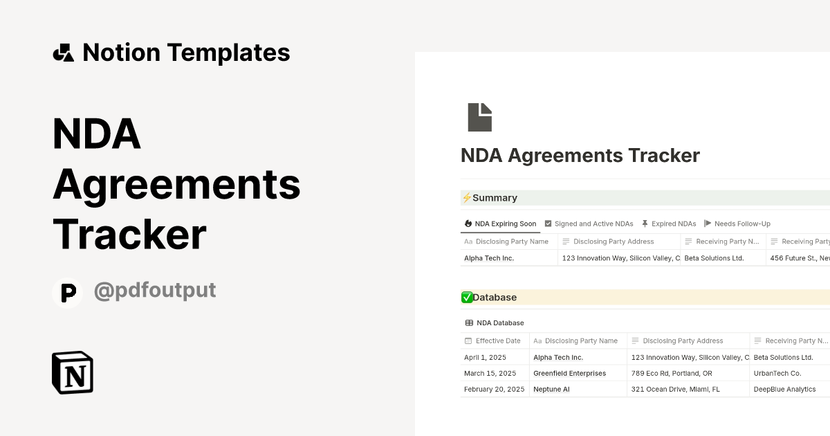 NDA Agreements Tracker Template | Notion Marketplace