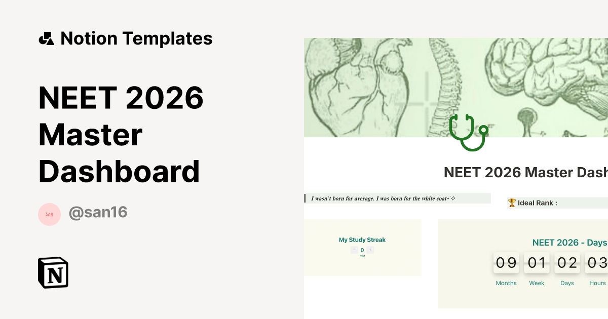 NEET 2026 Master Dashboard Template | Notion Marketplace