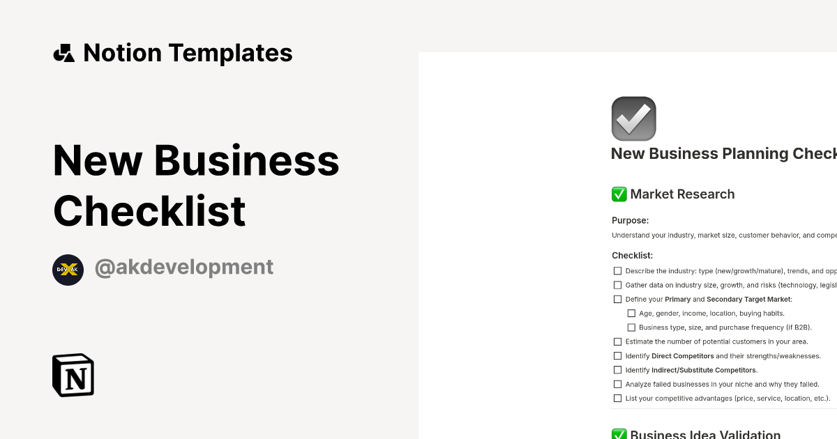 New Business Checklist Template by Ak Development | Notion Marketplace