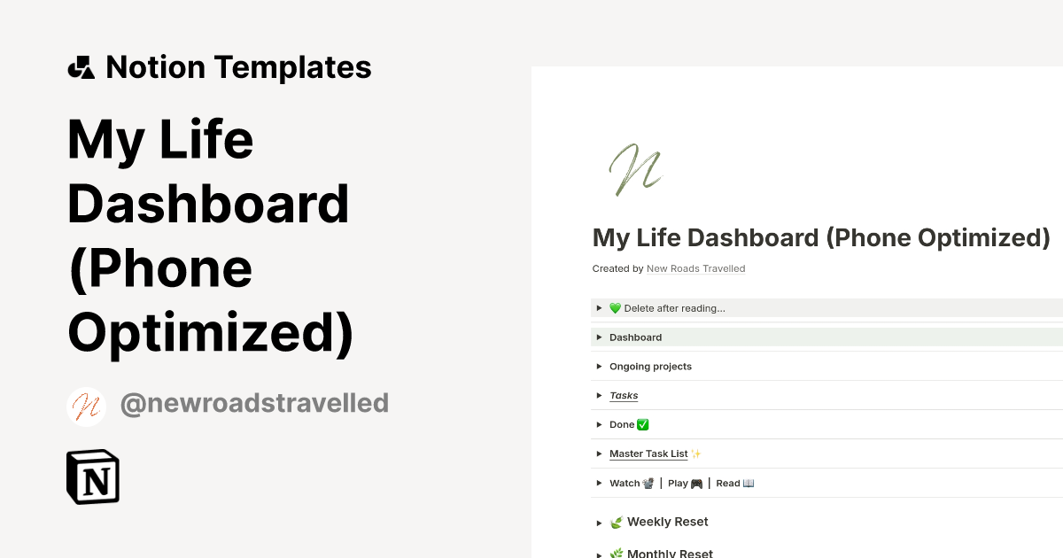 My Life Dashboard (Phone Optimized) Template | Notion Marketplace