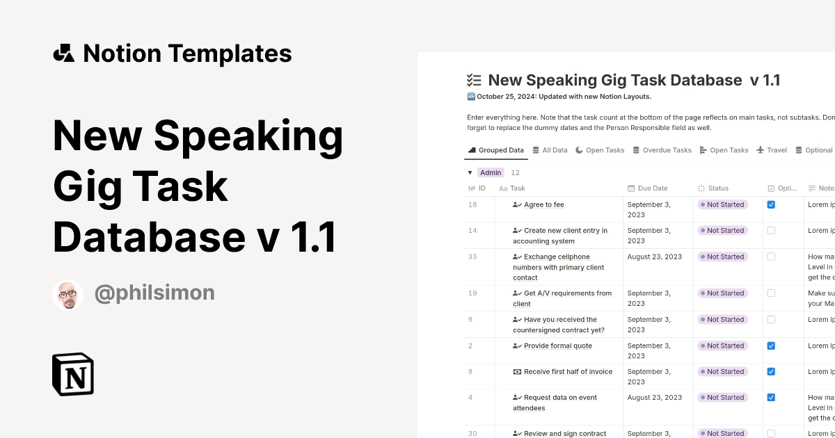 New Speaking Gig Task Database v 1.1 Template by Phil Simon | Notion ...