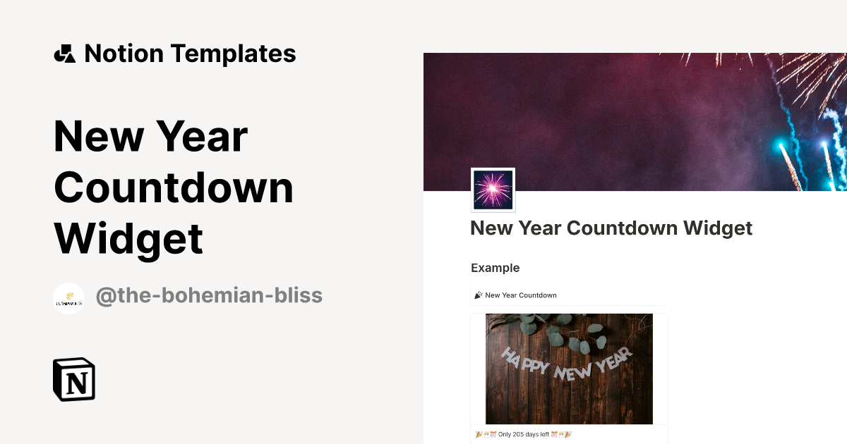 New Year Countdown Widget Template by The Bohemian Bliss | Notion ...