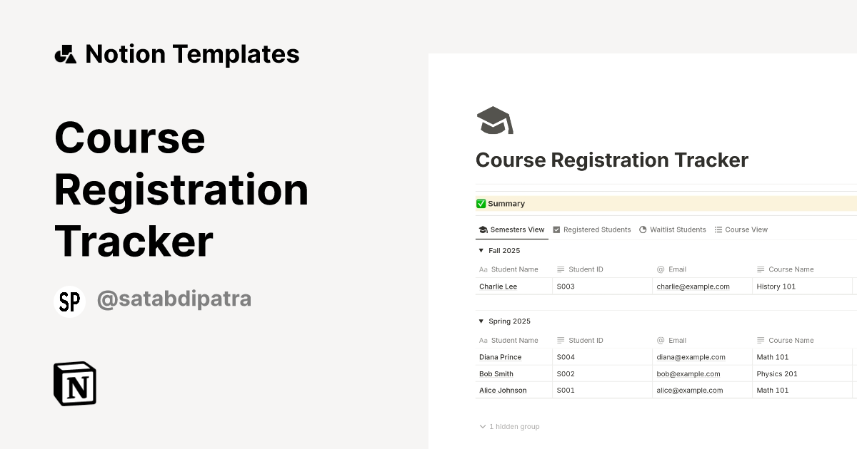 Course Registration Tracker Template by Satabdi Patra | Notion Marketplace