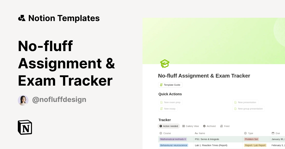 No-fluff Assignment & Exam Tracker Template | Notion Marketplace