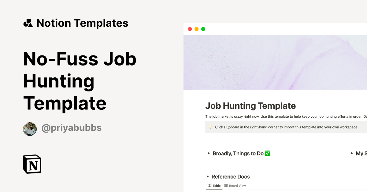 No-Fuss Job Hunting Template Template by Priya Sony | Notion Marketplace