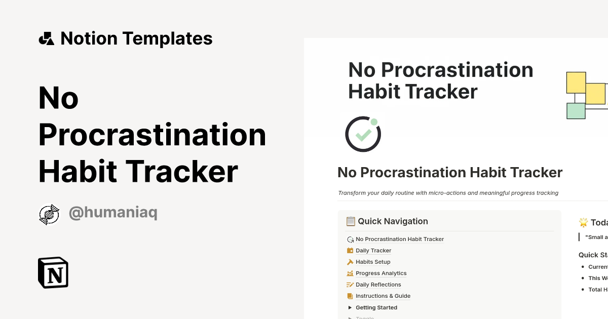 No Procrastination Habit Tracker Template by Humaniaq | Notion Marketplace
