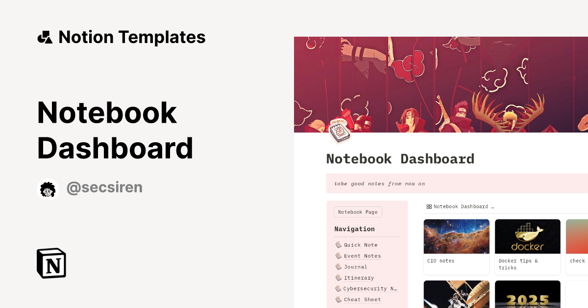 Notebook Dashboard Template by siren | Notion Marketplace