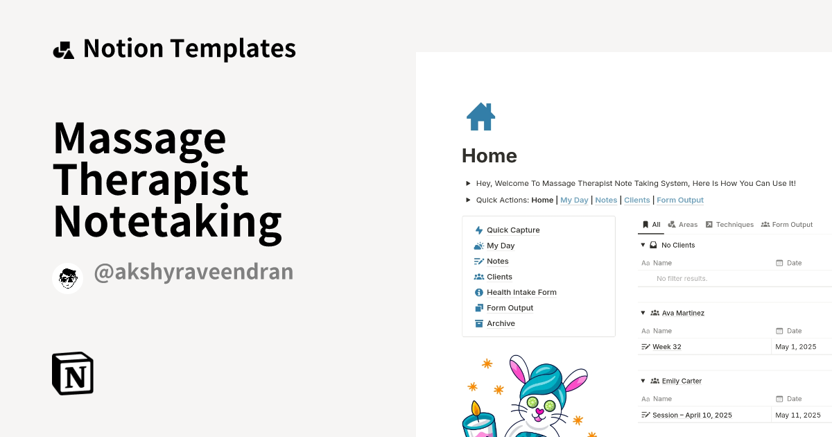 Massage Therapist Notetaking Template by Akshay Raveendran | Notion ...