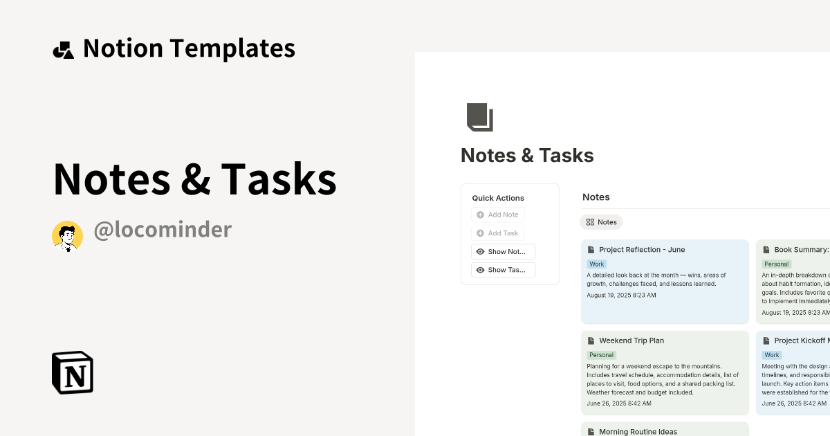 Notes & Tasks Template by Locominder | Notion Marketplace