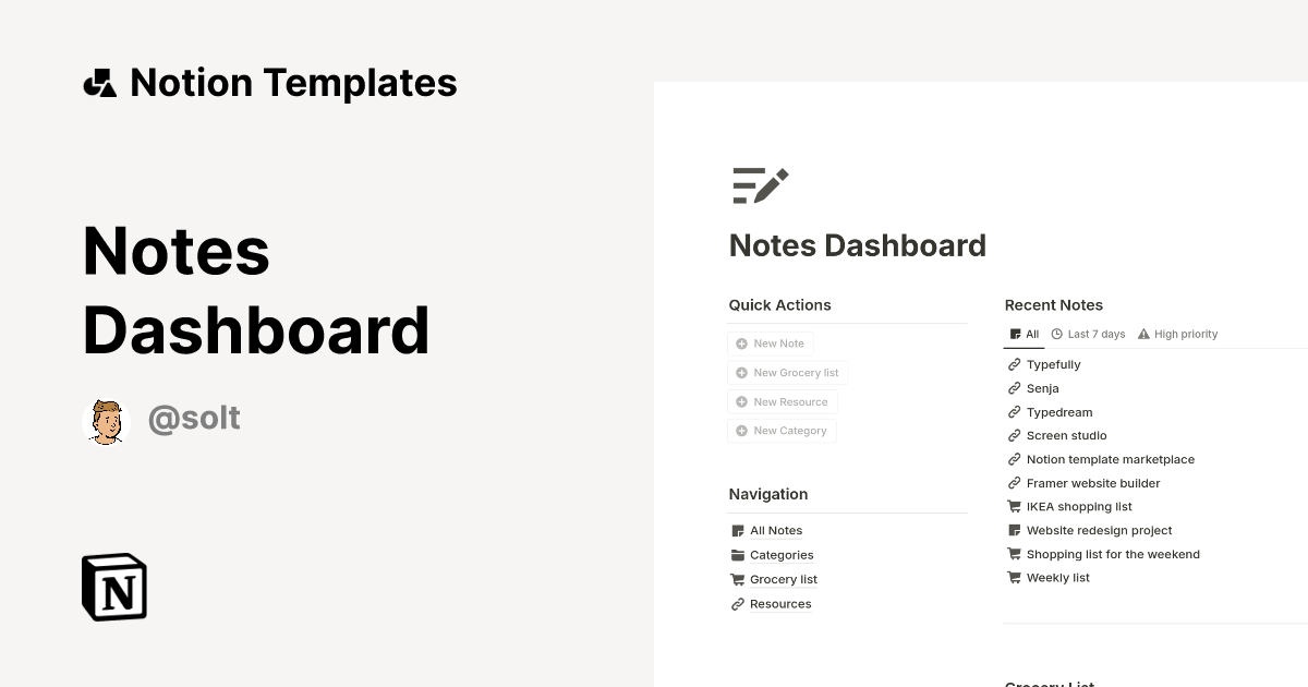 Notes Dashboard Template by Solt Wagner | Notion Marketplace