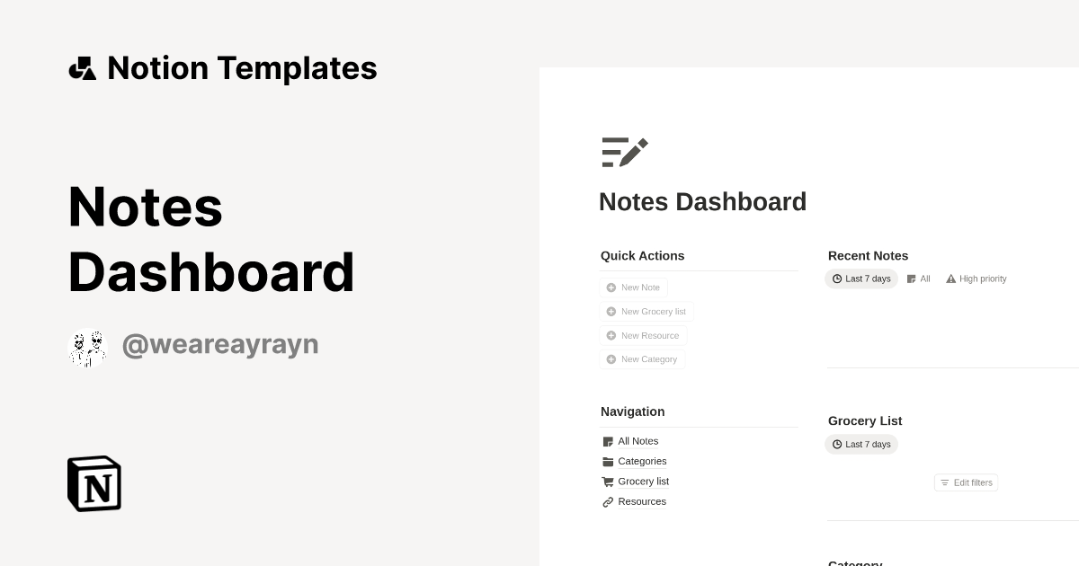 Notes Dashboard Template by We’re Ayrayn | Notion Marketplace