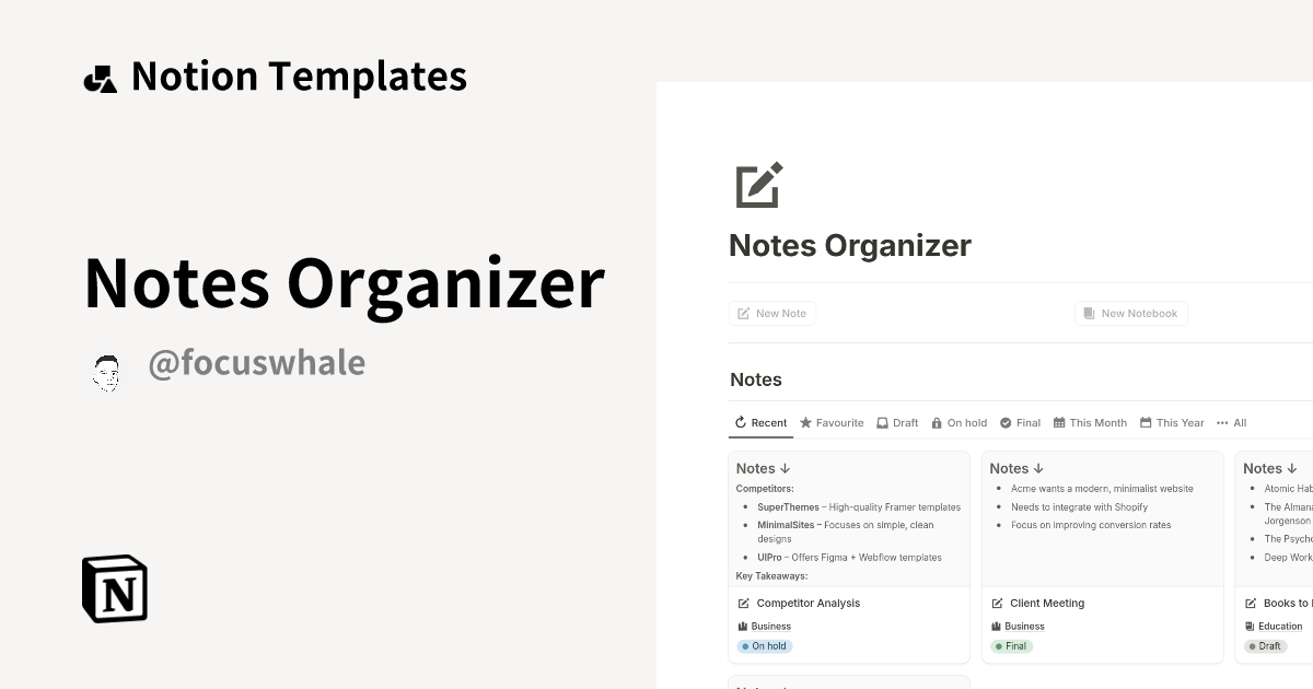 Notes Organizer Template by FocusWhale | Notion Marketplace