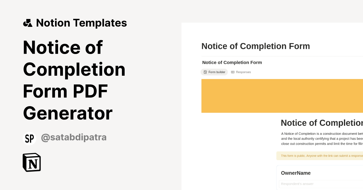 Notice of Completion Form PDF Generator Template | Notion Marketplace