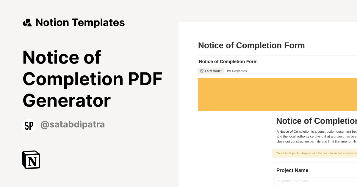 Notice of Completion PDF Generator Template by Satabdi Patra | Notion ...