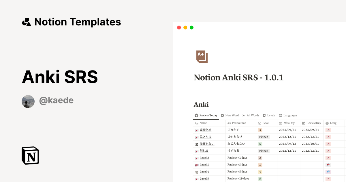 Anki SRS Template by Kaede Akatsuki | Notion Marketplace