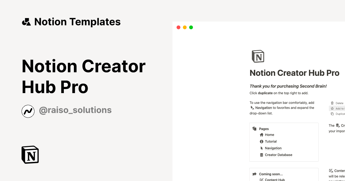 Notion Creator Hub Pro Template by Raiso Solutions | Notion Marketplace