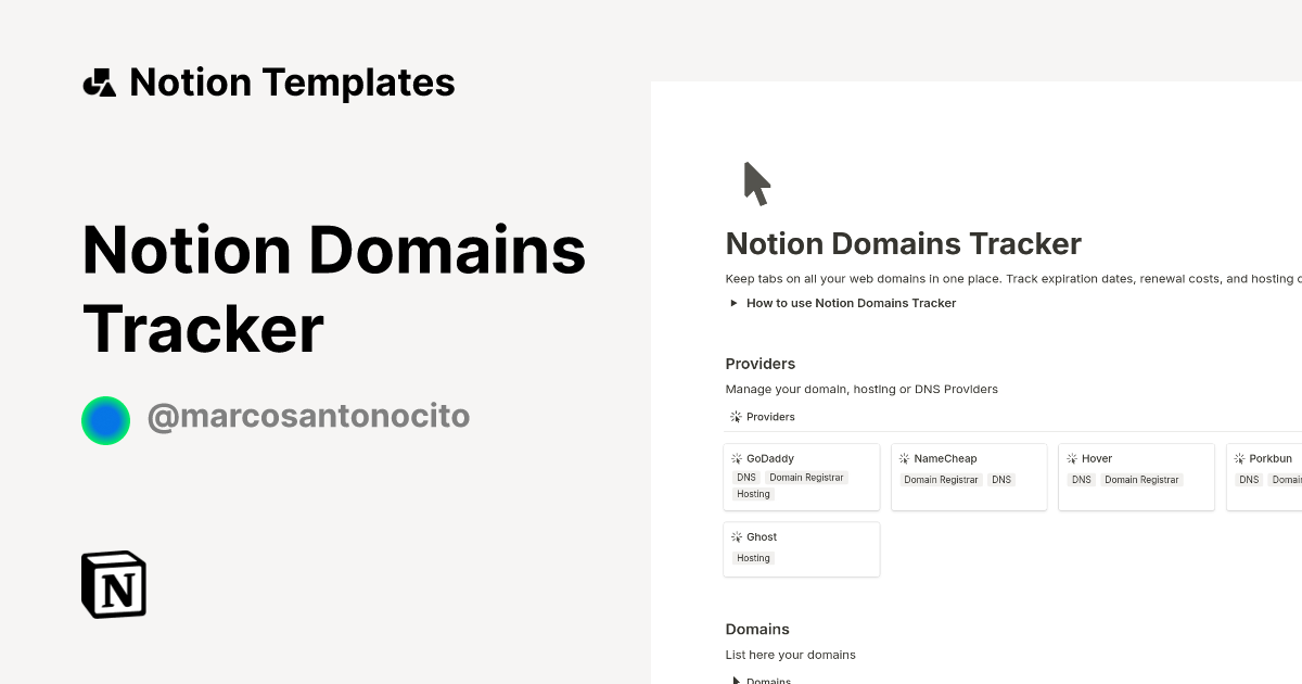 Notion Domains Tracker Template by Marco Santonocito | Notion Marketplace