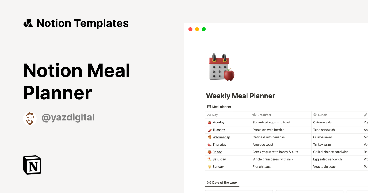 Notion Meal Planner Template by Yaz Digital | Notion Marketplace