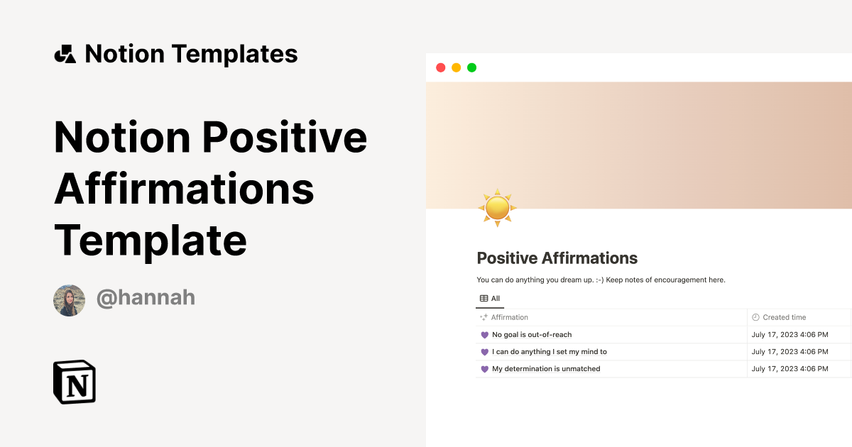 Notion Positive Affirmations Template Template by Hannah Wright | Notion Marketplace
