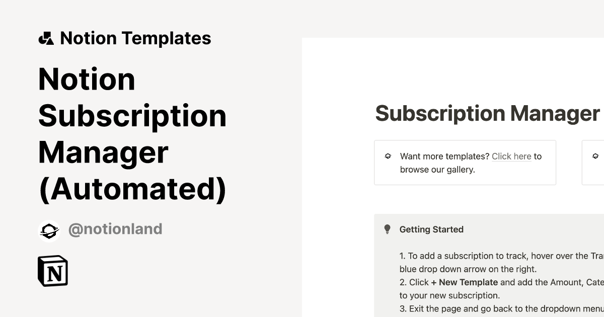 Notion Subscription Manager (Automated) Template by Notionland | Notion Marketplace